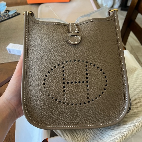 Hermes | Bags | Hermes Evelyn Tpm Etoupe Color With Navy Blue Strap ...